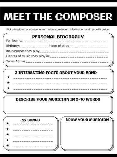 Meet the Composer, Musician/Band Study - Printable Research Worksheet ...