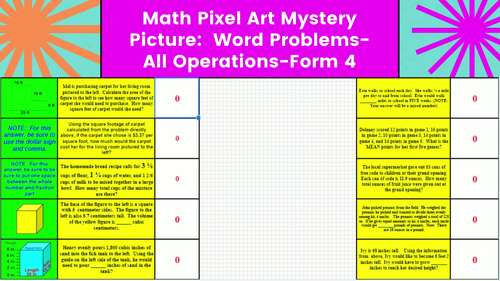 Pixel Art Mystery Pic-5th Grade Math Review-Form 4: Word Problems on ...