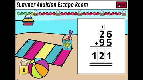 Summer Math Boom Cards Digital Escape Room 2 Digit Addition with Regrouping