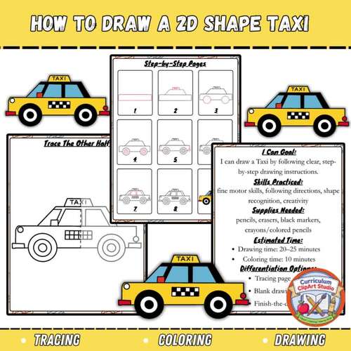 How to Draw a 2D Shape Taxi | Step-by-Step Drawing, Tracing & Coloring ...