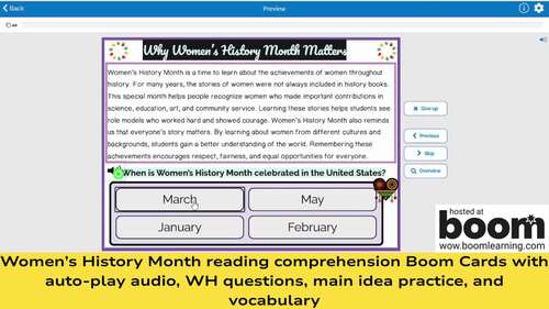Women’s History Month Reading Comprehension WH Main Idea Questions Boom ...