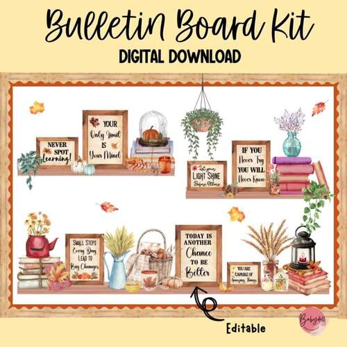 Growth Mindset Bookshelf Bulletin Board Kit | Editable Fall Library Decor