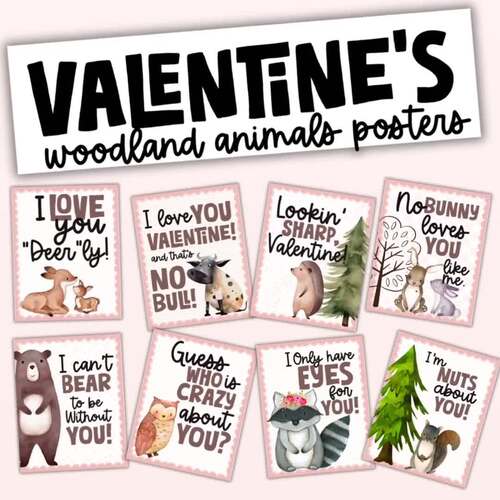 8 Cheesy Woodland Animals Valentine’s Day Posters set | 8x10” | | TPT