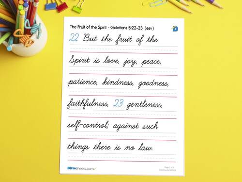 FRUIT of THE SPIRIT Bible Copywork | CURSIVE by Ditto Sheets | TPT