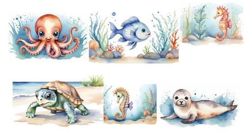 6 Children's Watercolor Poster with Marine Animals - Wall art (Sizes A1 ...