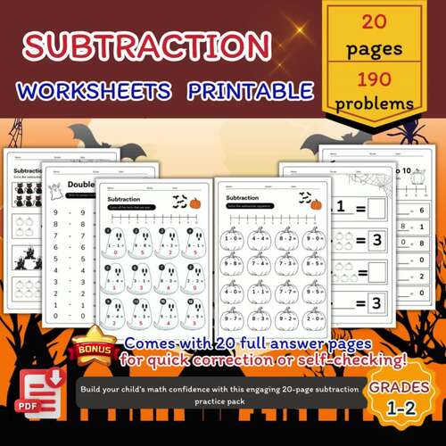 Halloween Subtraction within 10 Worksheets First Grade 190 problems No prep