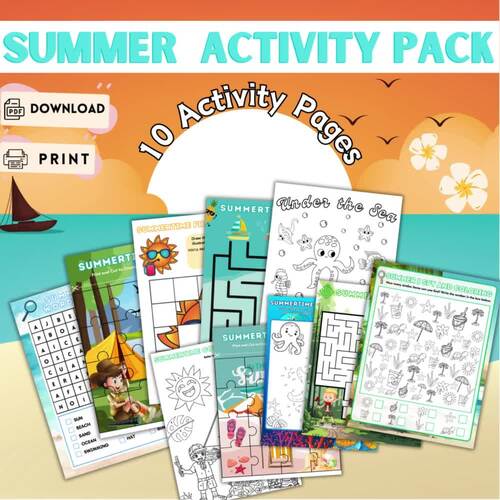 Summer Beach Activity Pack - Word Search Summer Maze Coloring Pages Games