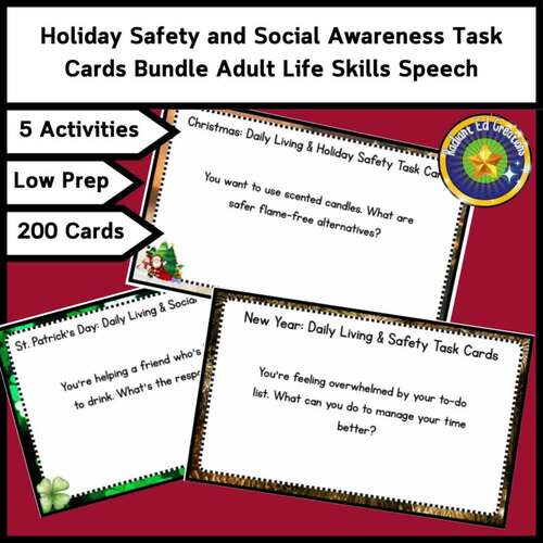 Holiday Safety and Social Awareness Task Cards Bundle Adult Life Skills ...