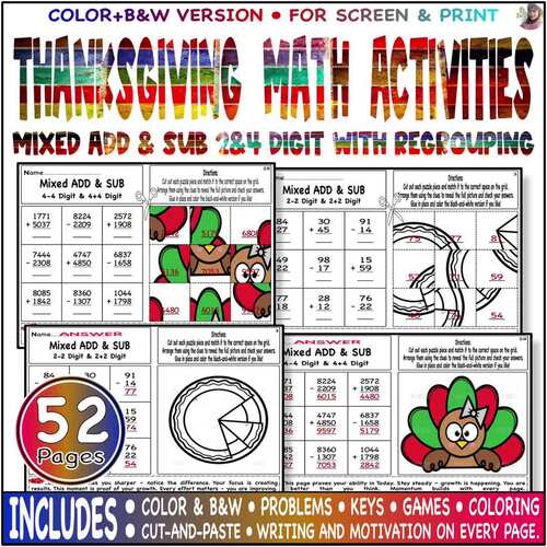 Mixed Add & Subtract 2 & 4 Digit with regrouping | Thanksgiving Math ...