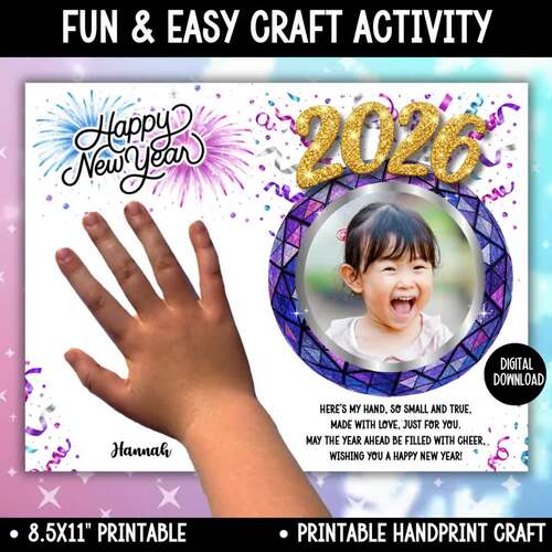 2026 New Year's Handprint Poem Craft, Preschool NYE Hand Print Activity