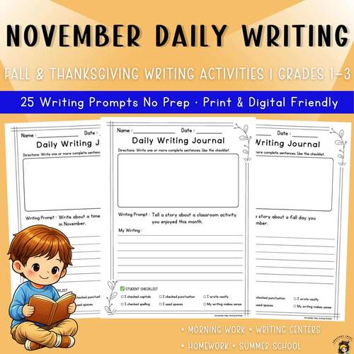 November Daily Writing Journal Prompts | Fall & Thanksgiving Writing ...