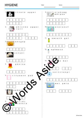 Vocabulary Worksheets Cards Crossword Word Search Anagram HYGIENE