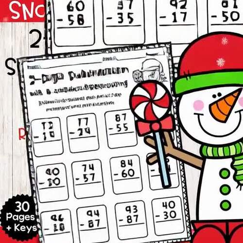 2-Digit Subtraction With & No Regrouping Within 100 Snowman Math Worksheets