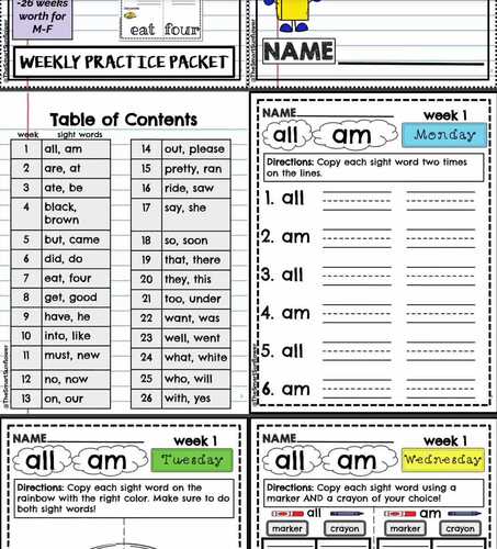 Kindergarten Dolch Sight Word Weekly Practice Book (26 weeks) NO PREP