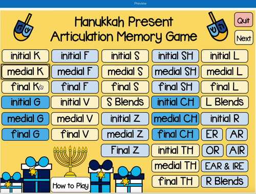 Hanukkah Present Match Articulation Memory Game Boom Cards™ Speech Therapy