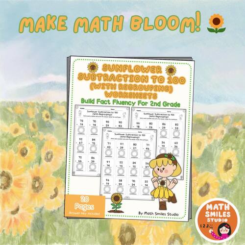 Sunflower Subtraction to 100 With Regrouping Worksheets | 2nd Grade Math