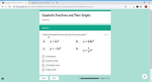 Quadratic Functions & Graphs Google Apps Color by Number *Digital*