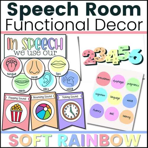 Speech Room Decor - Posters, Bulletin Board, Door Signs - Soft Rainbow