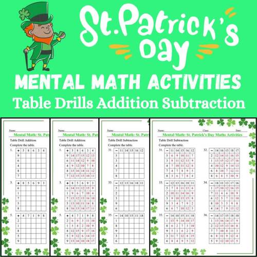 Table Drills Add, Subt Mental Math Funny St. Patrick's Day - Spring ...