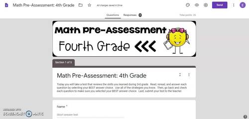 4th Grade Math Pre-Assessment Beginning of Year Math Test Distance Learning