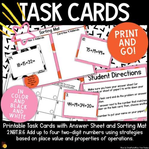 2.NBT.B.6 Low Prep Task Cards and Sorting Mat by Ms K Saves the Day