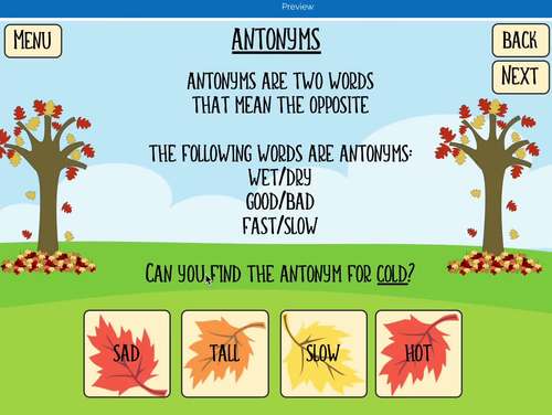 Fall Language Synonyms and Antonyms Boom Cards™ Speech Therapy Activity