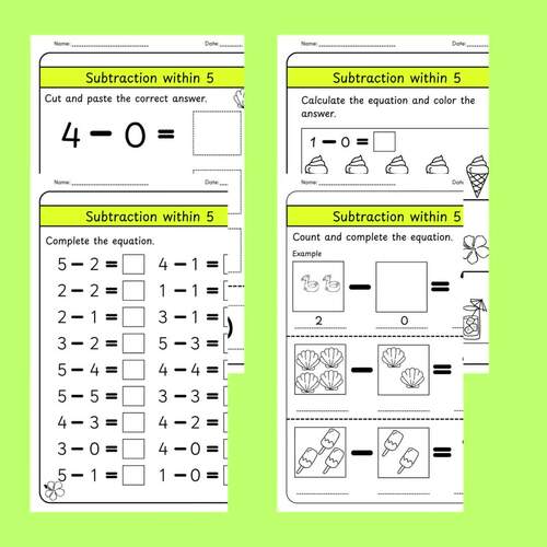 Subtraction Within 5 Worksheets for Pre-k/kindergarten | Summer Math Fun