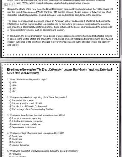The Great Depression Reading Comprehension Worksheet with Writing Task