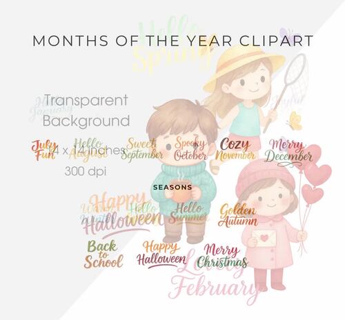 Months of the Year Clipart, Cute Kids for Each Month by Once Upon a Doodle