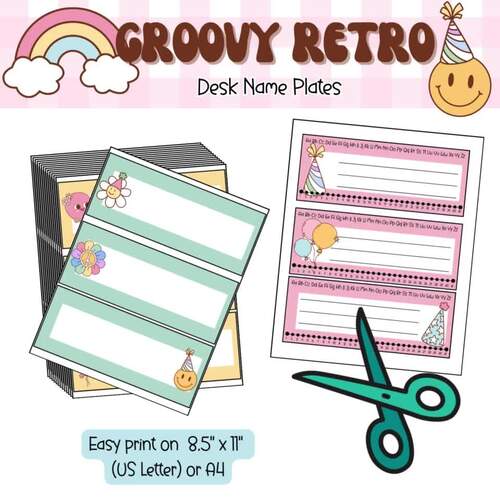 Ediatable Desk Name Plates Groovy Retro Pastel Themed, Name Tags