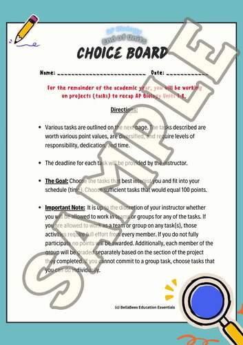 AP Biology Units 1-8: Choice Board Activities | TPT