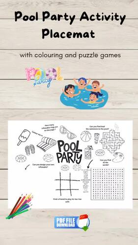 Pool Party Activity Placemat, Coloring Sheet, Games Mat, Printable Page,