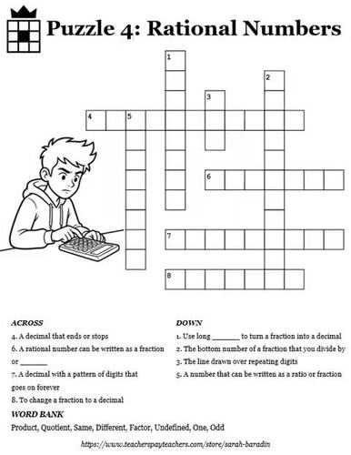 7th Grade Math Integers & Rational Numbers Crossword Puzzle With Word Banks
