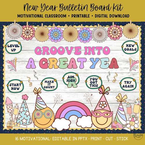 Groovy New Year Bulletin Board Kit: Retro Growth Mindset Classroom Decor