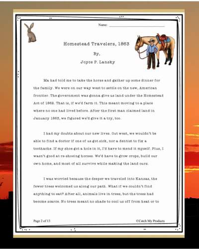 Historical Fiction Reading Comprehension on Homestead Act by Catch My ...