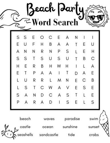 Beach Party Word Search - Beach Day Activities - Luau Party Games