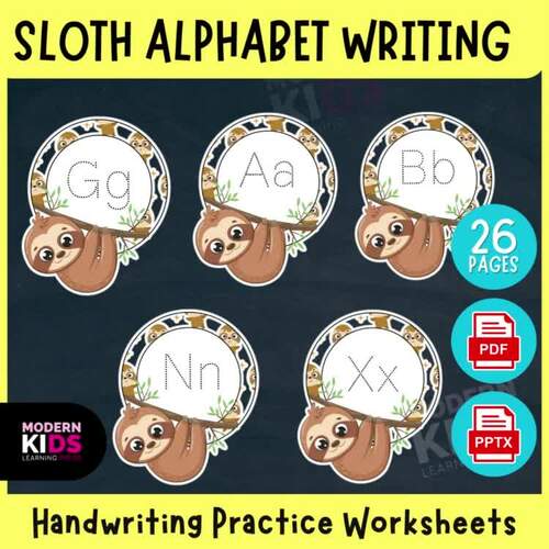Sloth Alphabet Writing Practice Worksheets by ModernKids LearningPress
