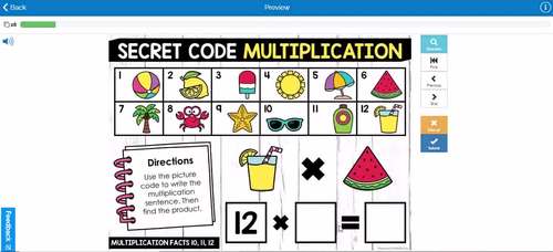 Multiplication Facts Review 10 to 12 Boom Cards Summer Secret Code