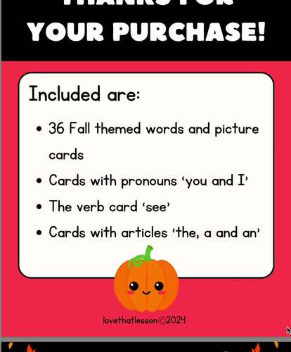 Fall Words and Pictures Sentence Frame Flash Cards, MLL, ESL, K-1 ELA ...