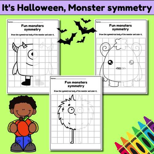 Halloween, 10 pages fun monster symmetry, draw, color, resource teacher.