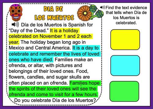 Día de los Muertos Day of the Dead Reading Comprehension Boom Cards