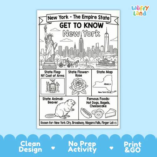 New York State Study Geography Coloring Page Poster Activity Worksheet