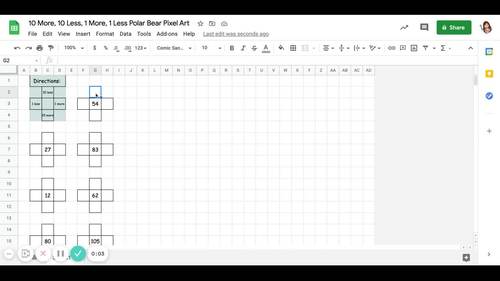 10 More, 10 Less, 1 More, 1 Less Polar Bear Pixel Art for Google Sheets