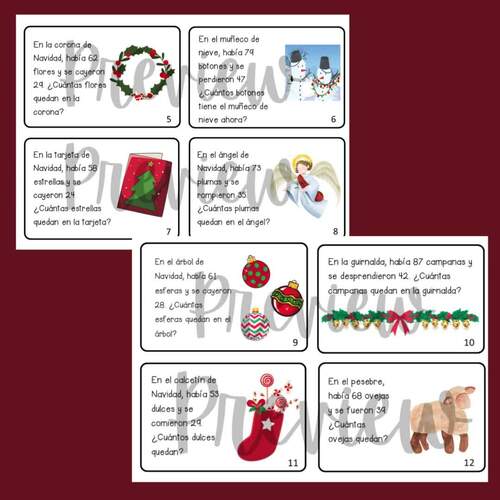 Problemas de cuento resta de Navidad- Subtraction Word Problems in Spanish