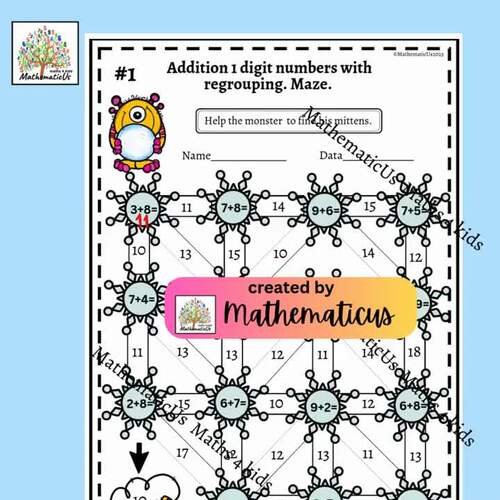 Addition 1 digit numbers with regrouping Winter mazes by MathematicUs