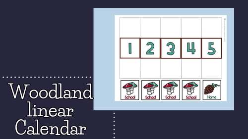 linear calendar / woodland themed / with weather, holiday, and school cards