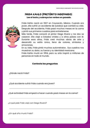 Spanish Reading: Frida Kahlo (Preterite Tense) by Pasajero Spanish