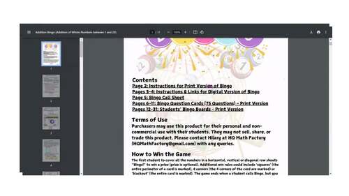 ADDITION BINGO - Whole Number Addition 1-20 - PRINT & DIGITAL (Easel ...