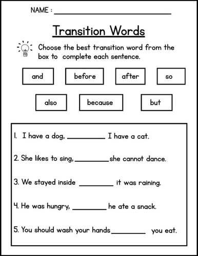 Transition Words Worksheets | Connecting Words for Coherent Writing ...
