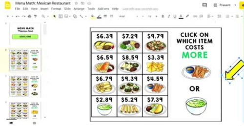 Life Skills - Menu Math - Money - Budget - Dollar Up - GOOGLE - Unit 1